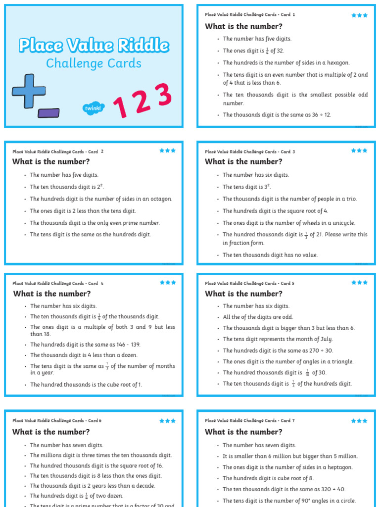 Color Level 3 Place Value Riddle Math Challenge Cards | PDF | Numbers ...