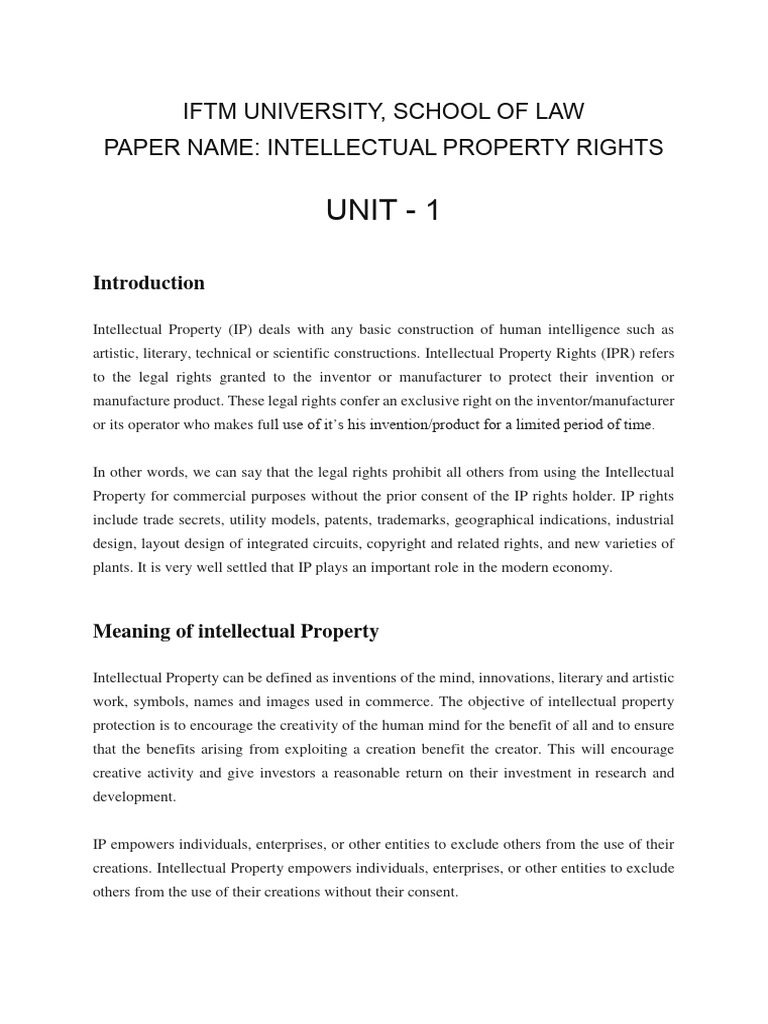 Ipr Unit 1 | PDF | Intellectual Property | Copyright