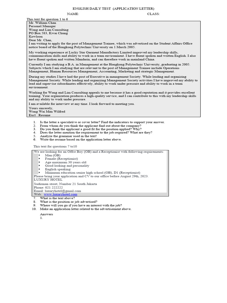 APPLICATION LETTER Test | PDF