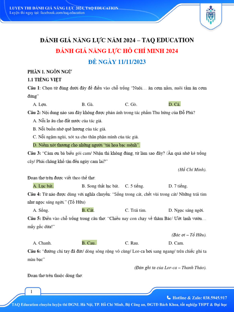 Đề - Thi Thử Đgnl Hcm 11-11-2023 - Taq Education | PDF