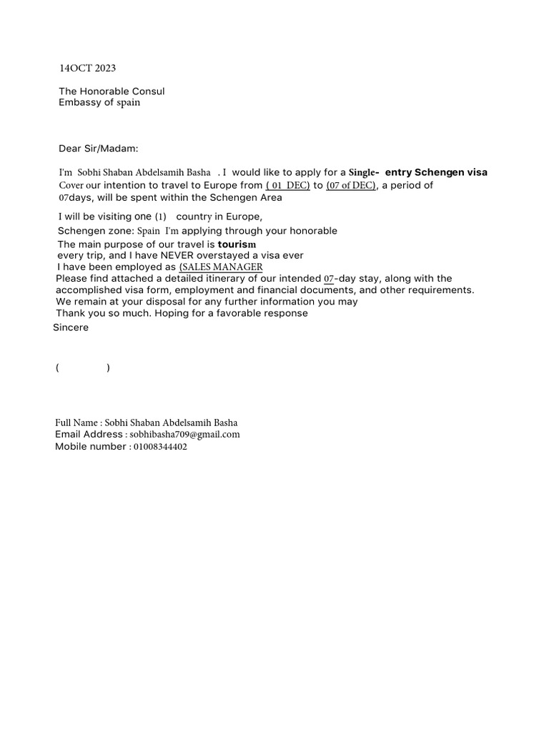Schengen Cover Letter Sobhi Shaban | PDF Schengen Cover Letter Sobhi Shaban | PDF