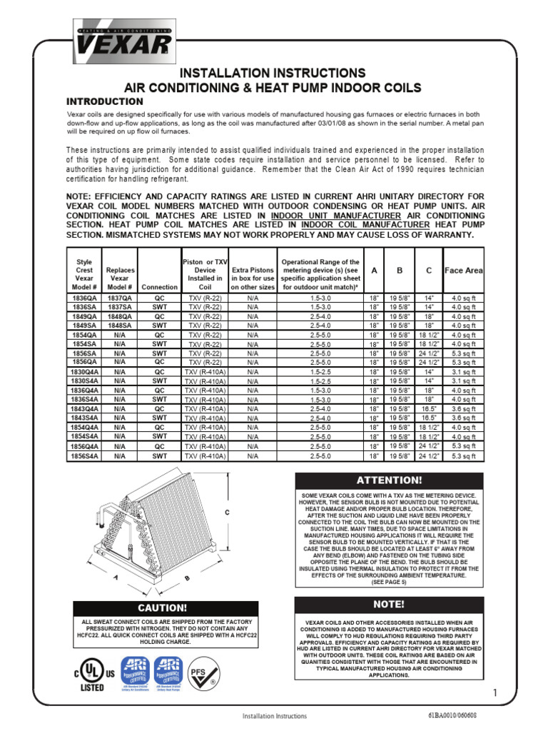 Installation Instructions Air Conditioning & Heat Pump Indoor Coils ...