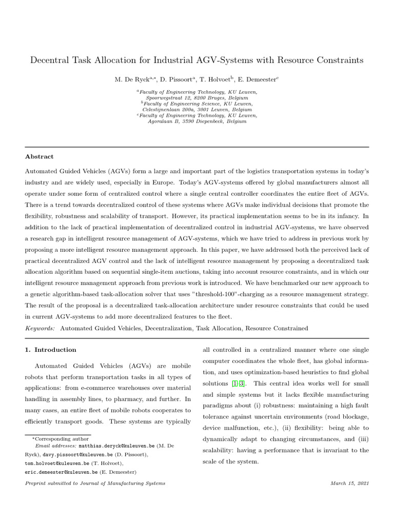 Decentral Task Allocation For Industrial AGV Systems With Resource Constraints - Accepted | PDF ...