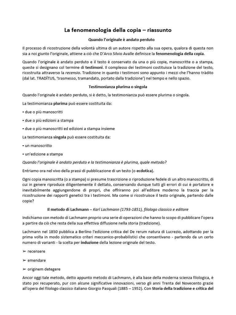 La Fenomenologia Della Copia - Riass. | PDF