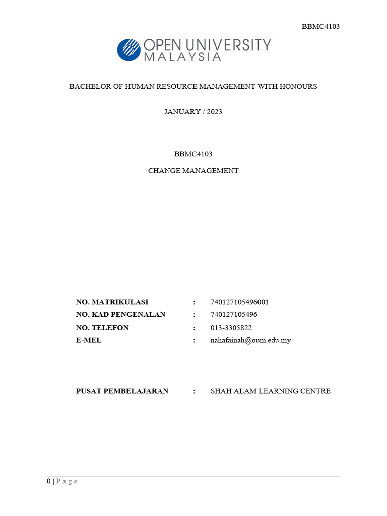 Oum - Semester January 2023 - BBMC4103 Change Management - Nahariah MD ...