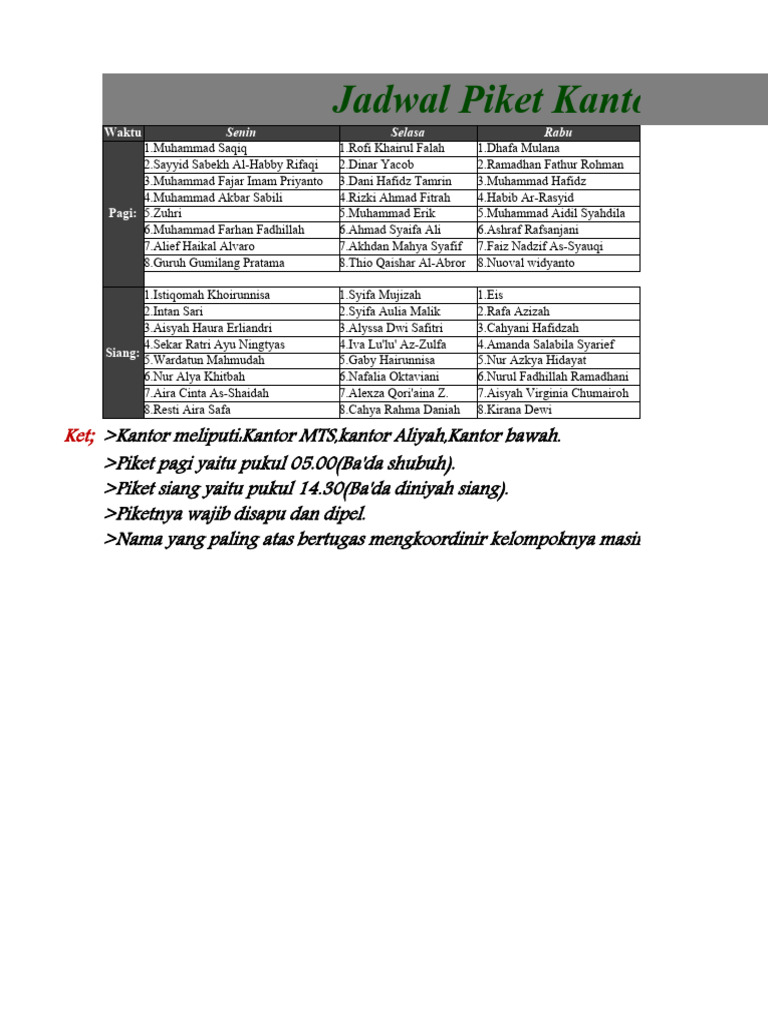 Jadwal Piket Kantor Formal | PDF