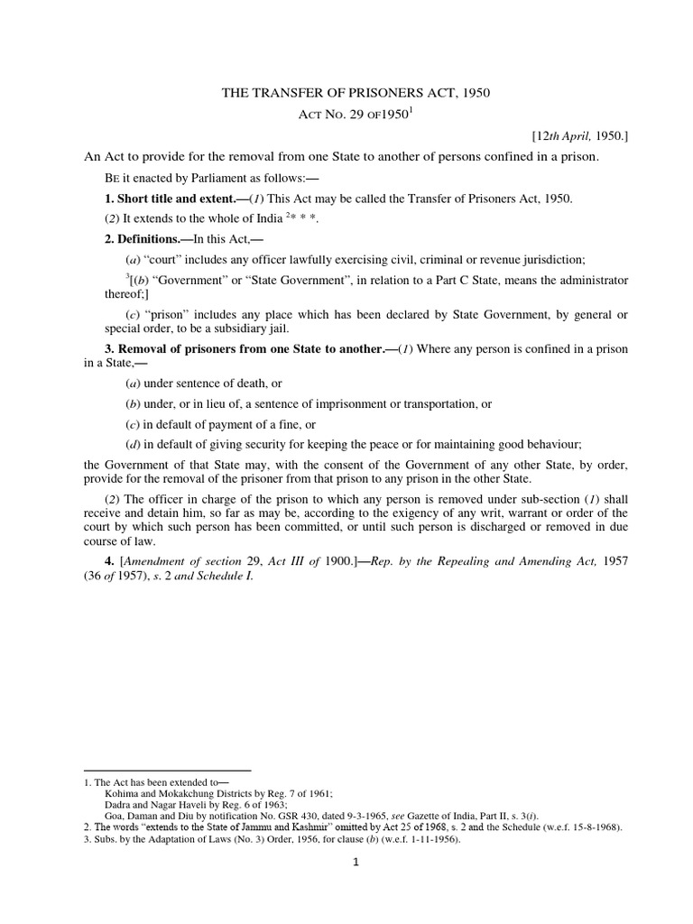 The Transfer of Prisoners Act, 1950 | PDF | Political Law | Public Sphere
