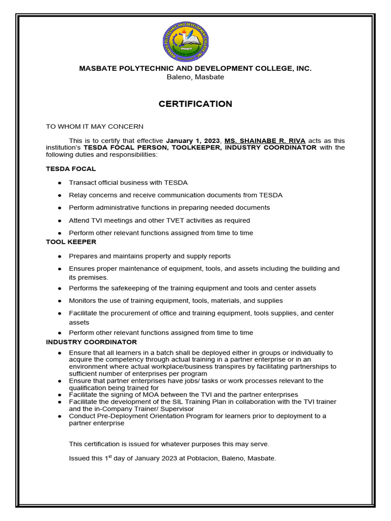 3.3.2. Sample Certification For Head of TVI With Other Designation (Non ...