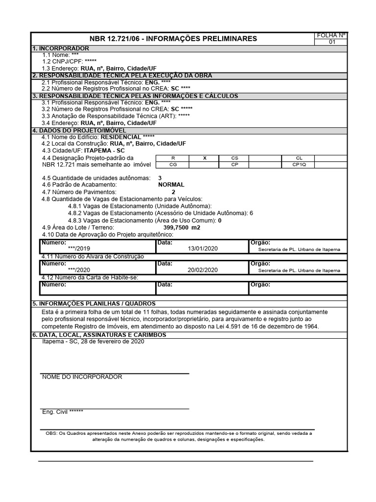 Modelo 3 - Quadro de Áreas NBR 12721 | PDF