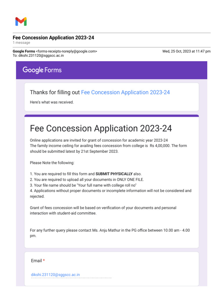 Gmail - Fee Concession Application 2023-24 | PDF