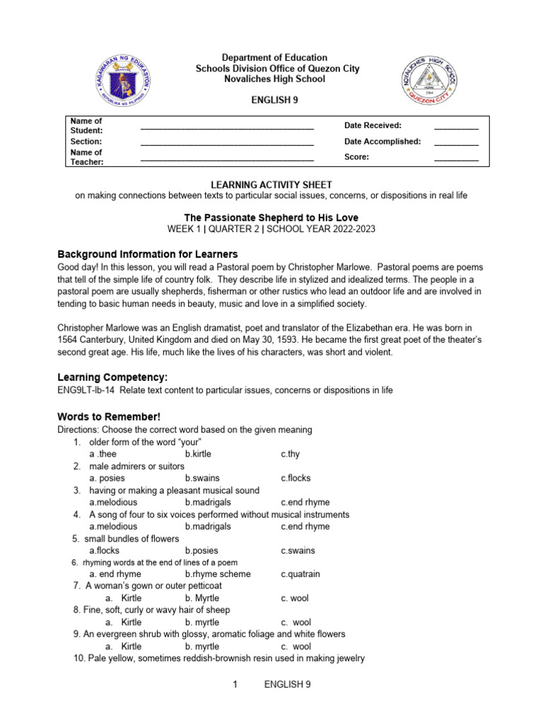 LAS Q2.W1 The Passionate Shepherd To His Love | PDF | Foreign Language ...