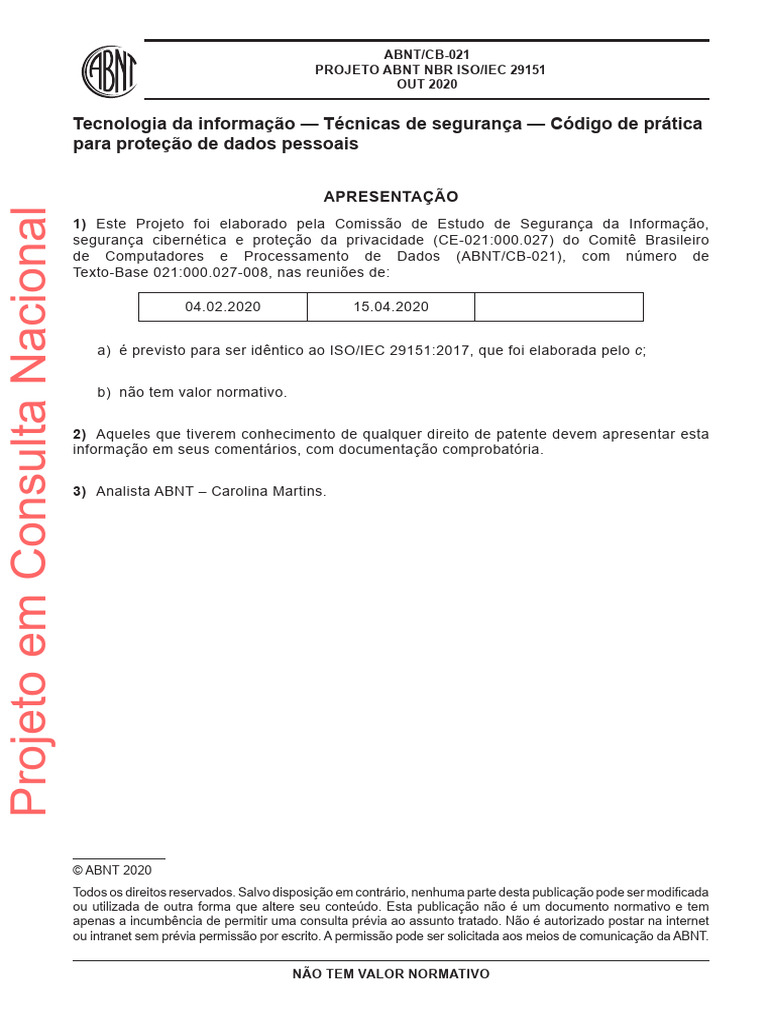 Projeto ABNT NBR ISO IEC 29151 ConsultaNacional Cod Prtica-DP | PDF ...