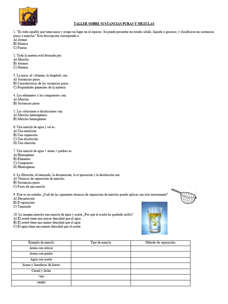Taller Sobre Sustancias Puras y Mezclas | PDF | Cocina, comidas y vino