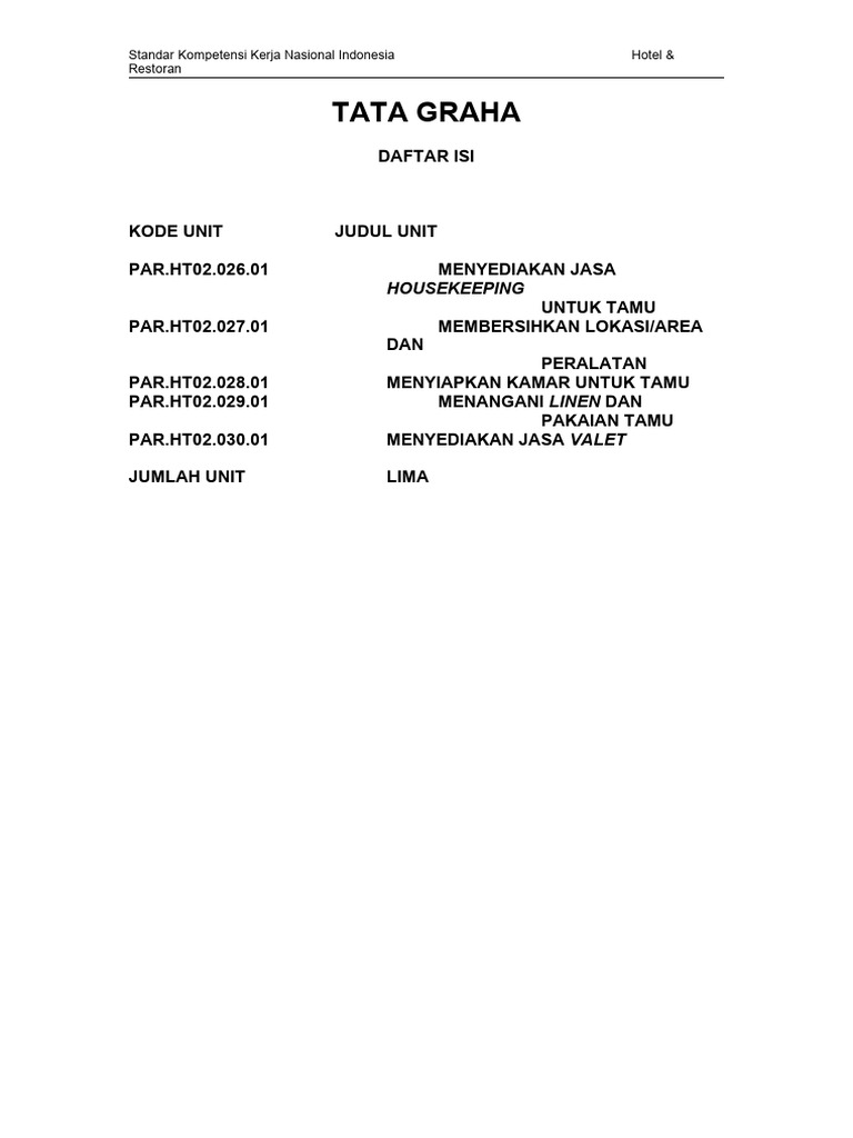 Standar Kompetensi Housekeeping Indonesia | PDF