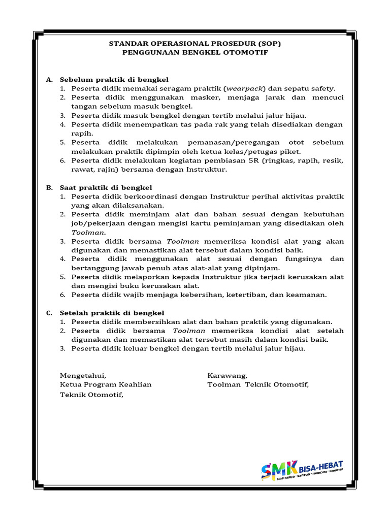 SOP Bengkel Otomotif | PDF