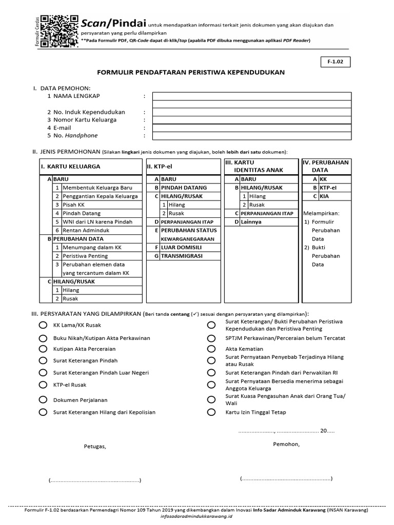Formulir F-1.02 - Pendaftaran Peristiwa Kependudukan | PDF