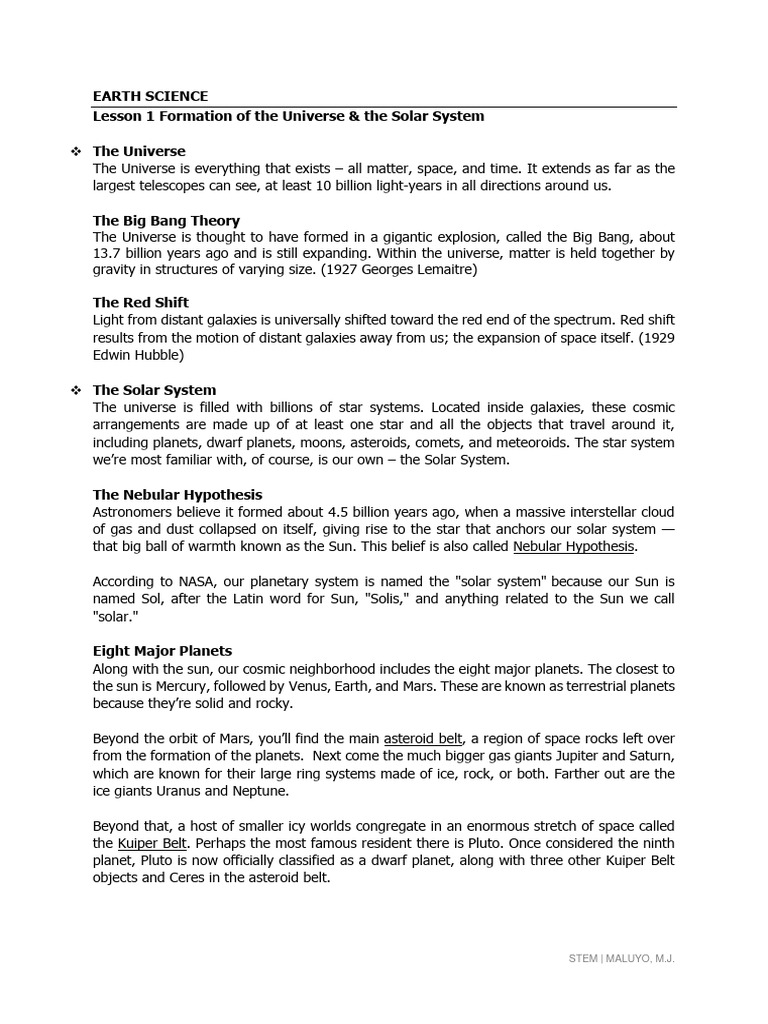 Lesson 1 the Formation of the Universe & the Solar System 2 | PDF ...