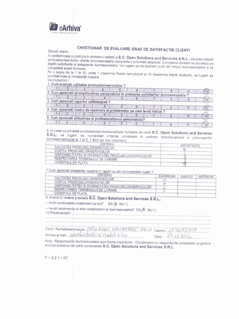 Chestionar de Evaluare Grad de Satisfactie Clienti | PDF