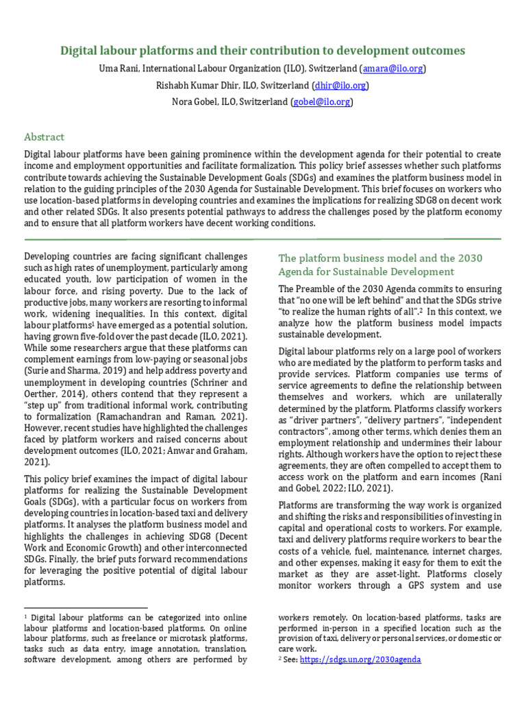 Digital Labour Platforms and SDG Outcomes | PDF | International Labour ...