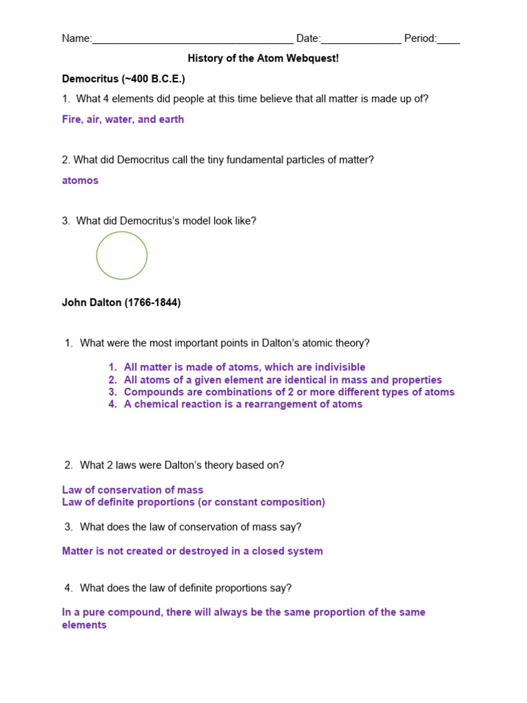 History of The Atom Webquest ANSWERS | PDF | Atoms | Matter