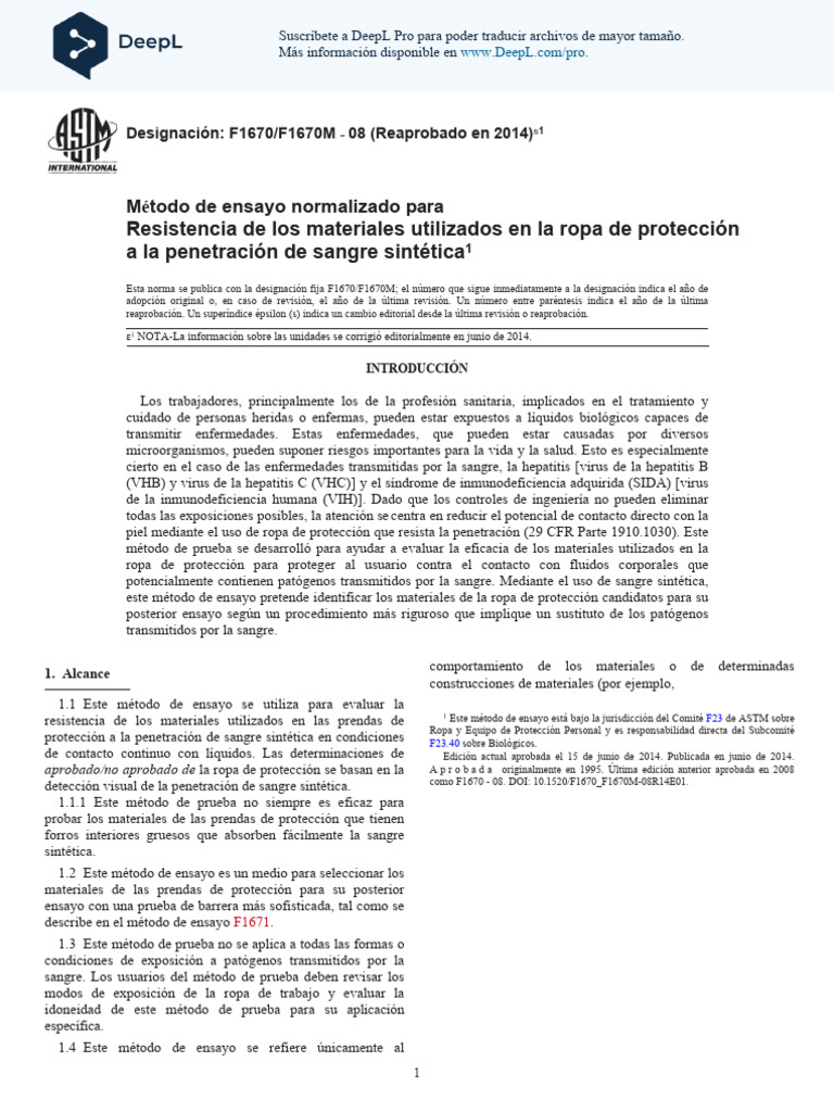 ASTM F1670-2014. Resistencia de La Ropa Protectora A La Penetración de ...