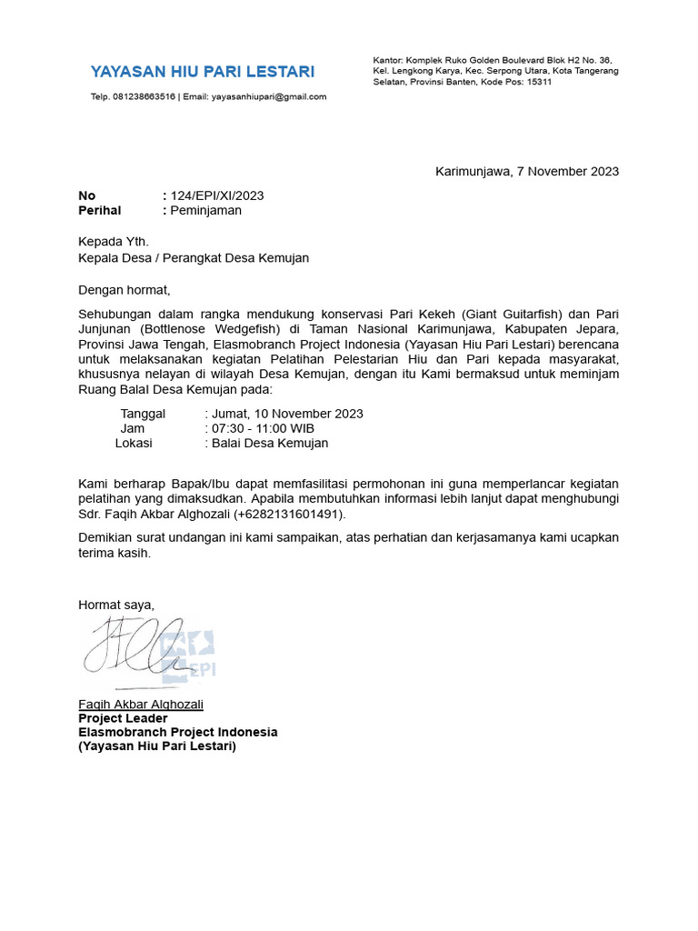 Surat Peminjaman Balai Desa - Yayasan Hiu Pari Lestari | PDF