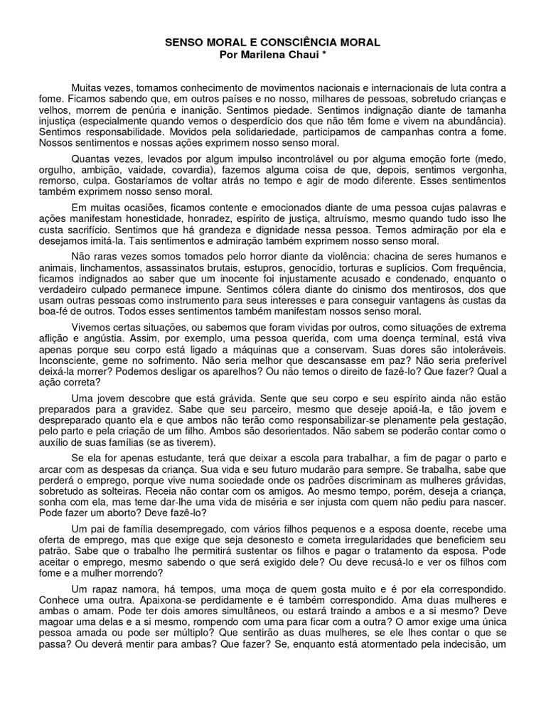 TS2-aula 2-Texto-Marilena Chaui - SENSO MORAL E CONSCIÊNCIA MORAL | PDF | Moralidade | Sentimento