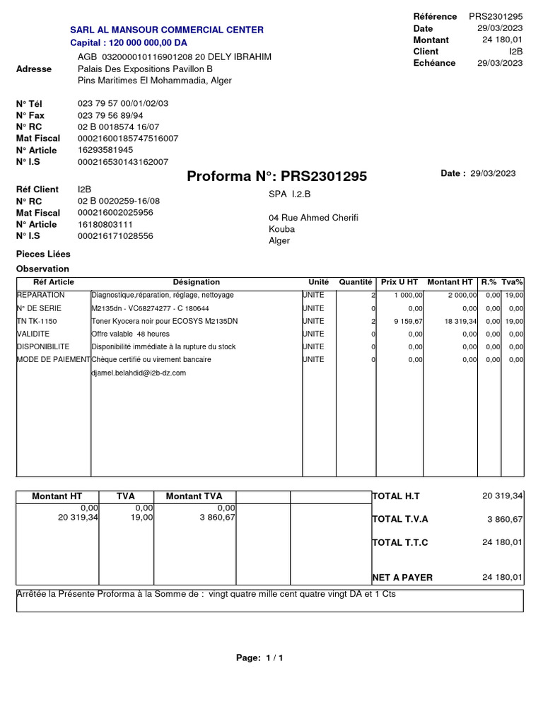 Proforma N° PRS2301295 - Détails de Facturation | PDF | Finance et ...