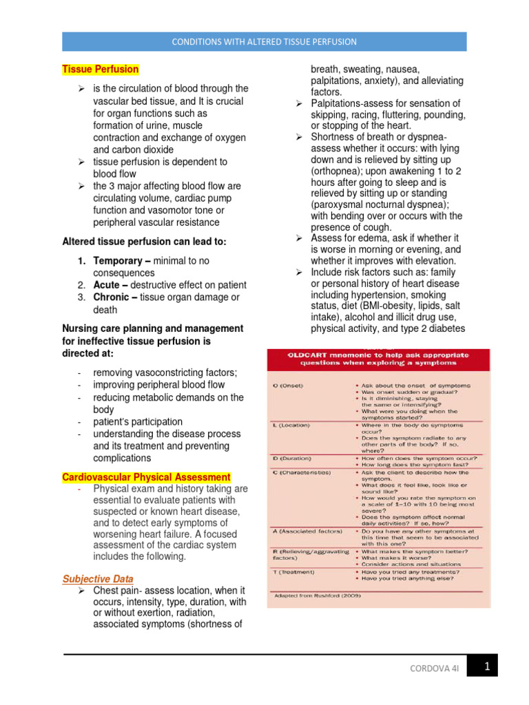 Nursing Guide to Tissue Perfusion | PDF | Myocardial Infarction | Heart
