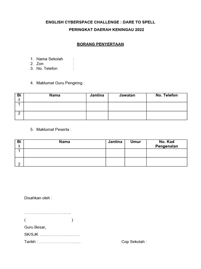 BORANG PERTANDINGAN DARE TO SPELL_2022_DAERAH_KENINGAU | PDF