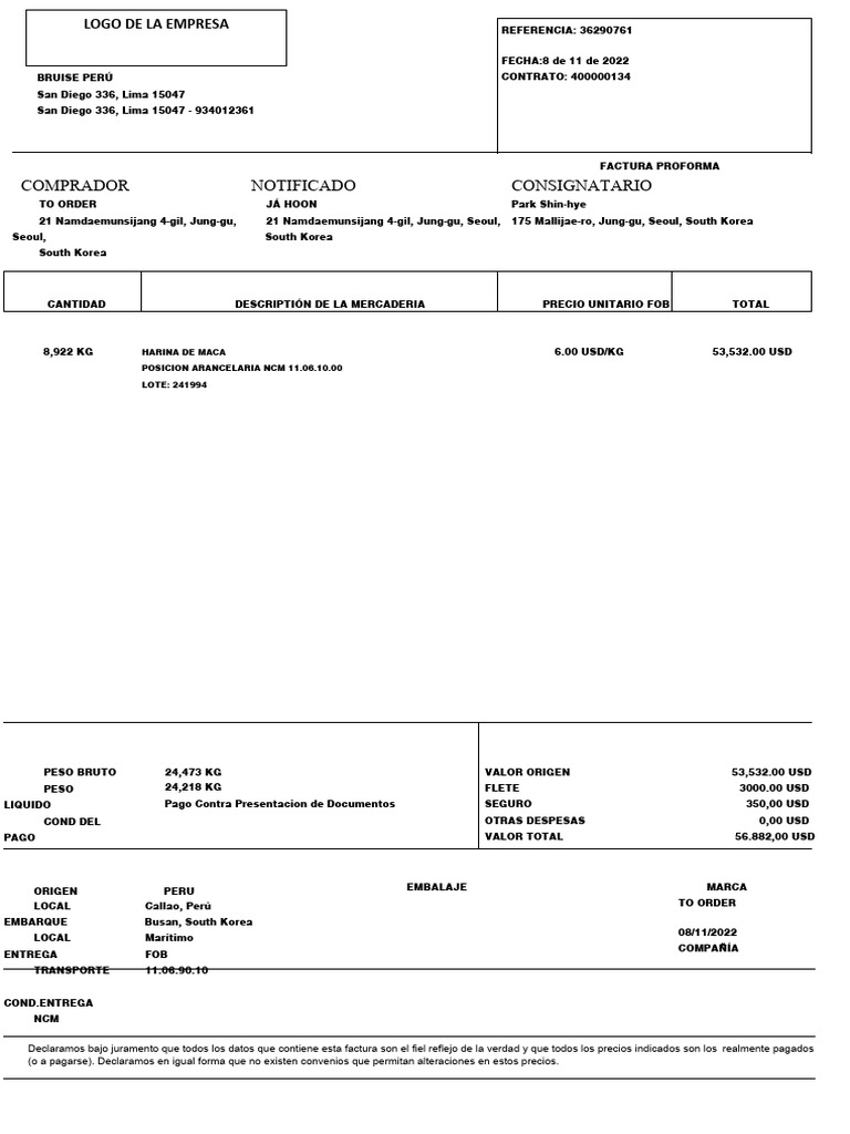 Proforma Invoice (4) Harina de Maca | PDF