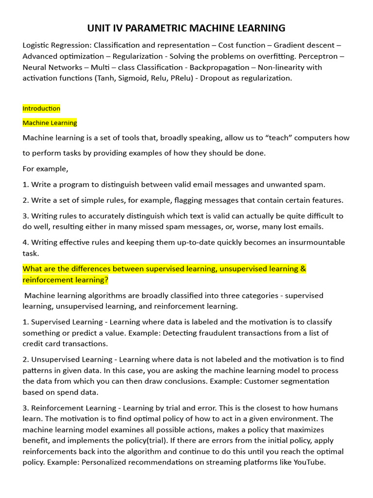 Unit Iv Parametric Machine Learning | PDF | Machine Learning | Cognitive Science