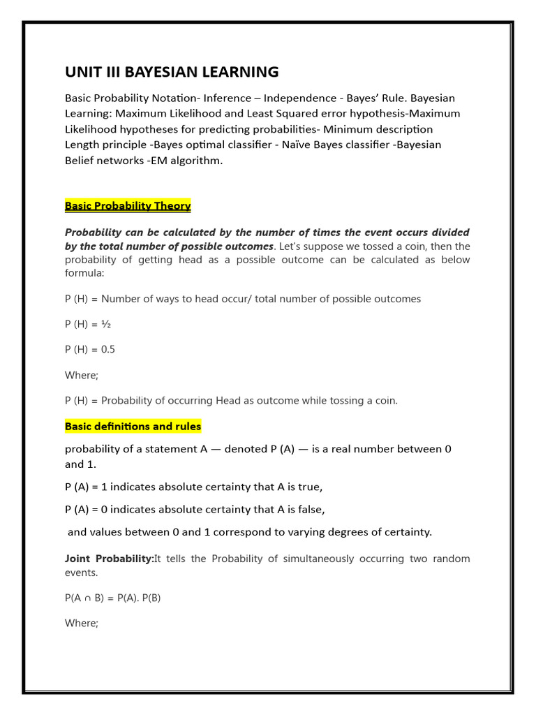Unit Iii Bayesian Learning | PDF | Bayesian Inference | Statistical Inference
