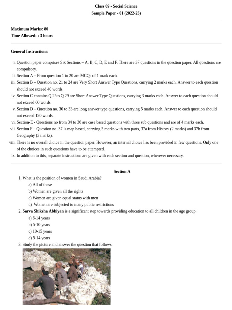 Unsolved CBSE Sample Paper For Class 9 Social Science Set 1 | PDF