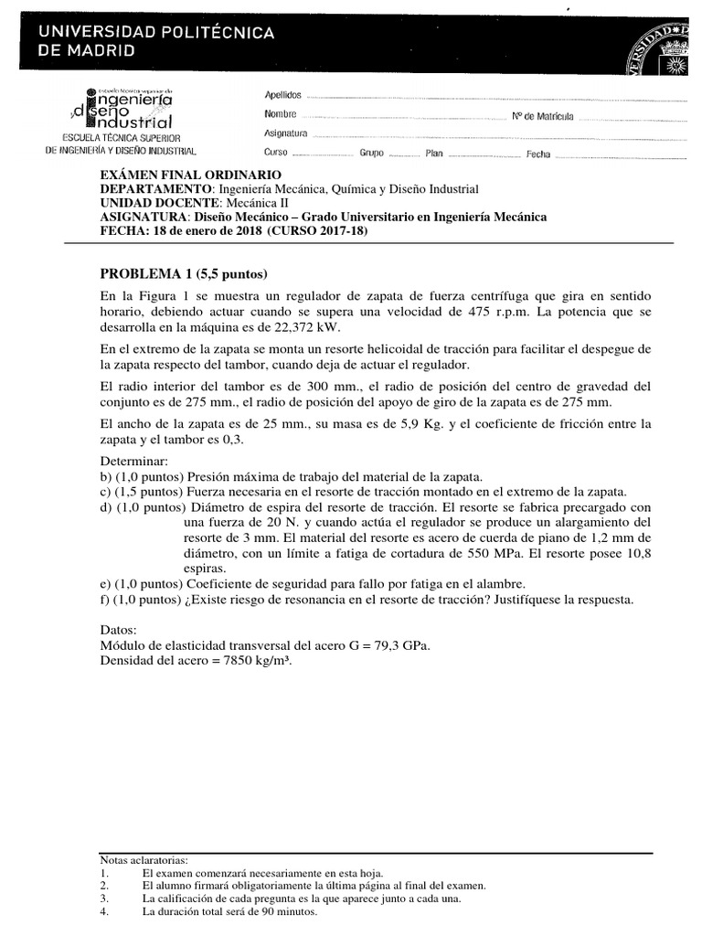 Examen Diseño Mecánico (G) 2018-01-18 | PDF | Rodamiento (Mecánico) | Fatiga (material)