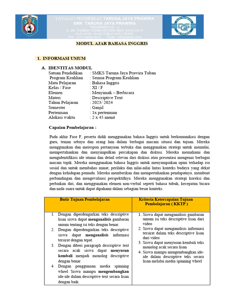 Modul Ajar Descriptive Text - SMP | PDF