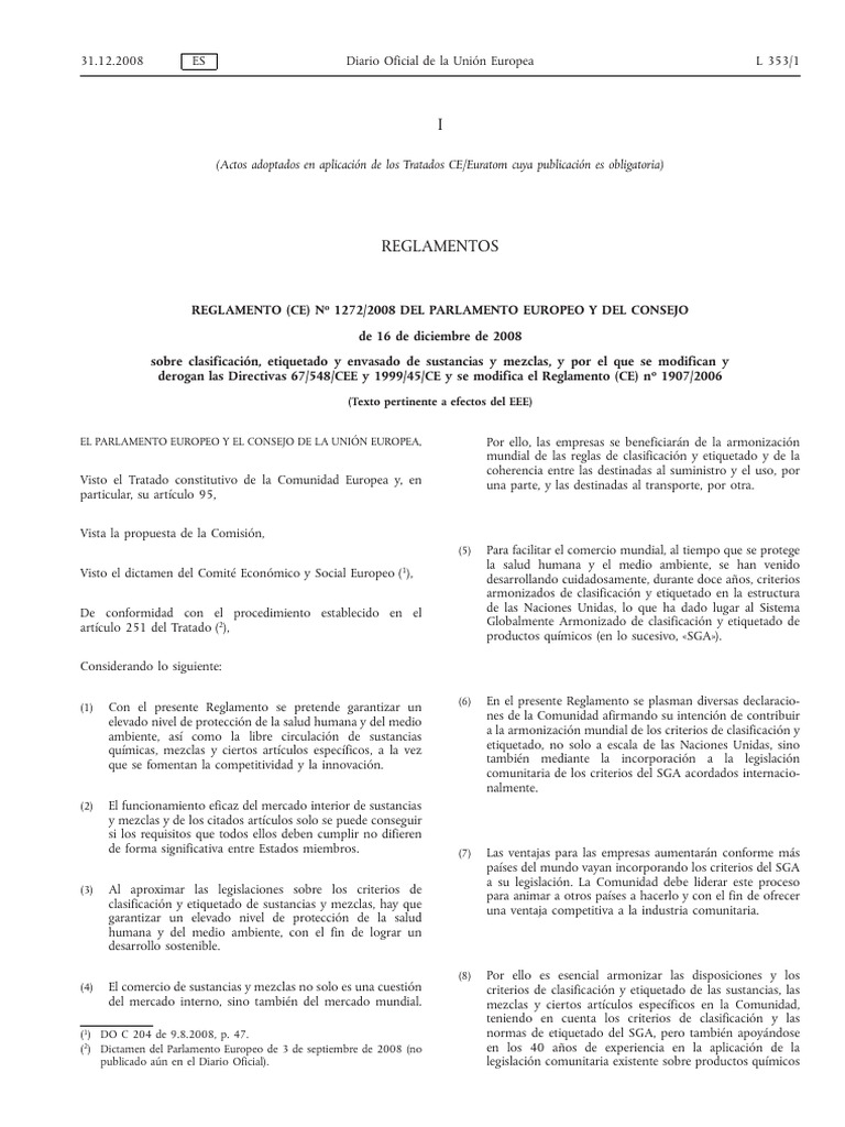 Reglamento CLP 1272 - 2008 | PDF | Seguridad alimenticia