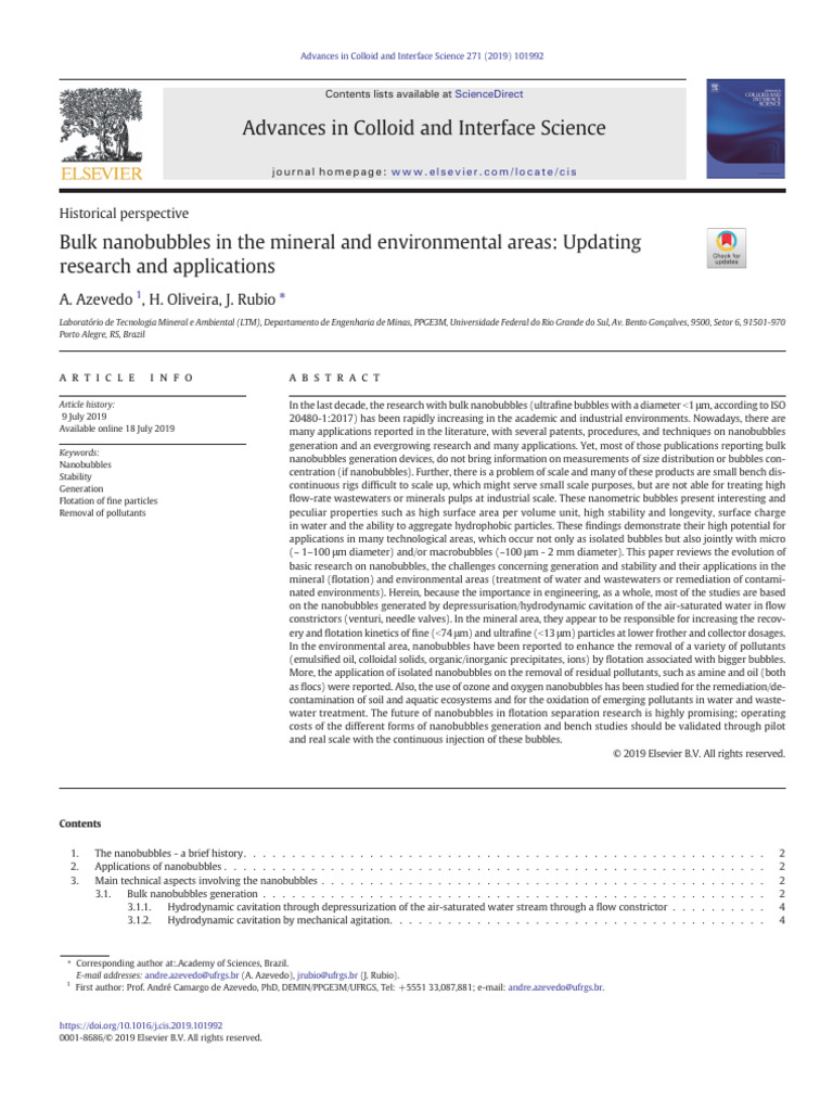 Bulk Nanobubbles In The Mineral And Environmental Areas Updating Pdf Liquids Phases Of Matter