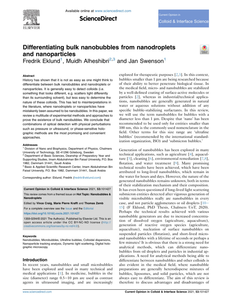 Differentiating Bulk Nanobubbles From Nanodroplets And Nanoparticles Pdf Nanoparticle Gases