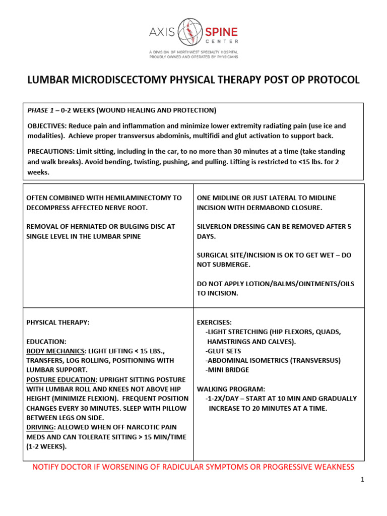 Lumbar Microdiscectomy Rehab Guide | PDF | Anatomical Terms Of Motion ...
