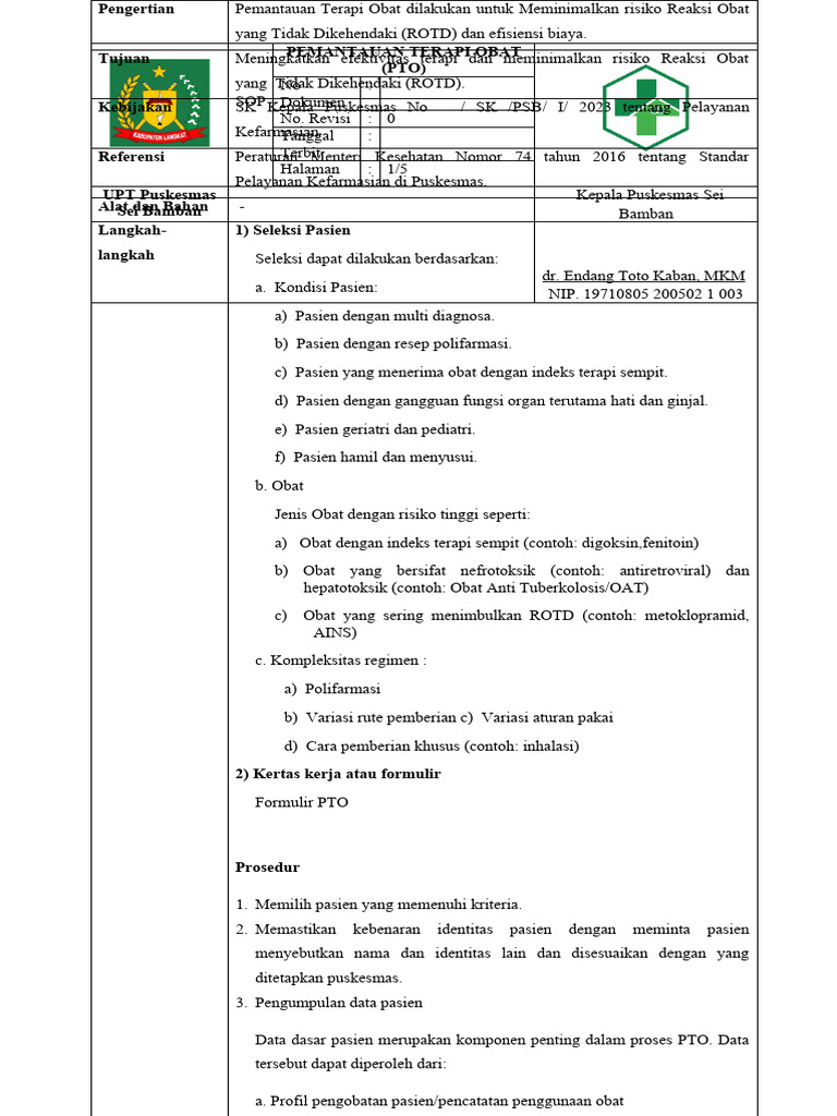 Farmasi Sop Pemantauan Terapi Obat (Pto) | PDF