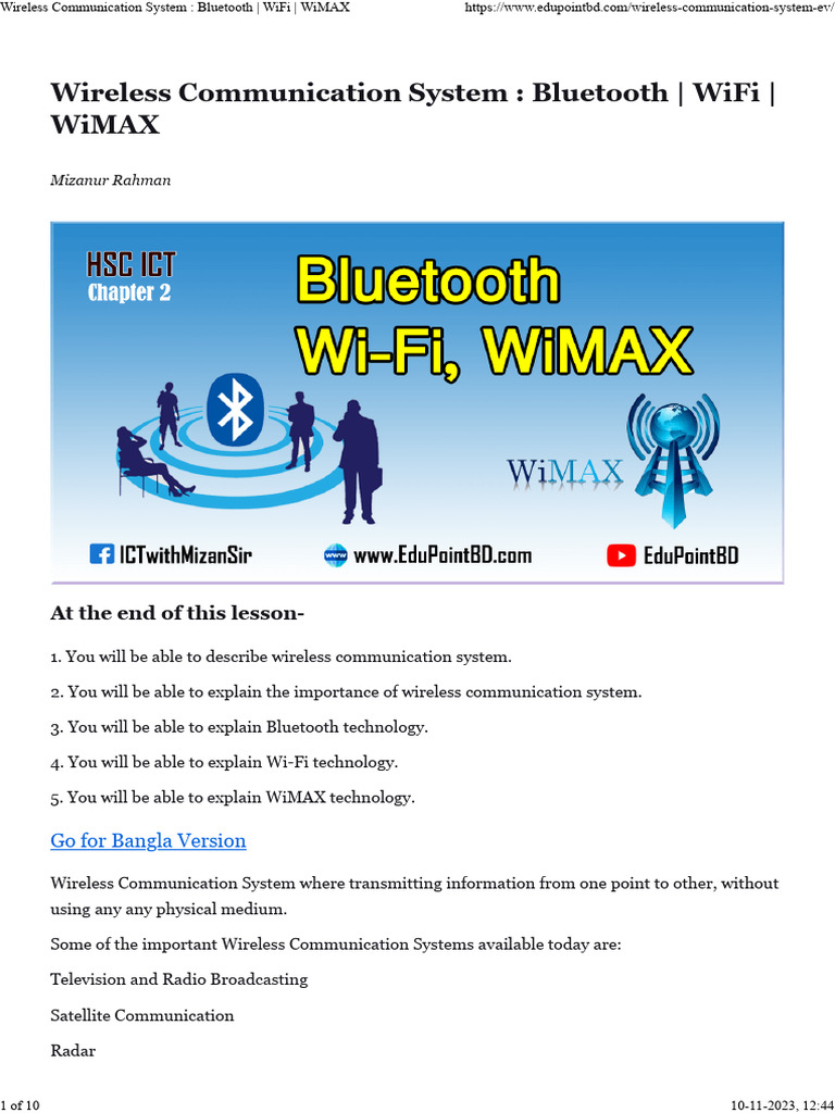 Wireless Communication System Bluetooth WiFi WiMAX | PDF | Wi Fi | Wi Max