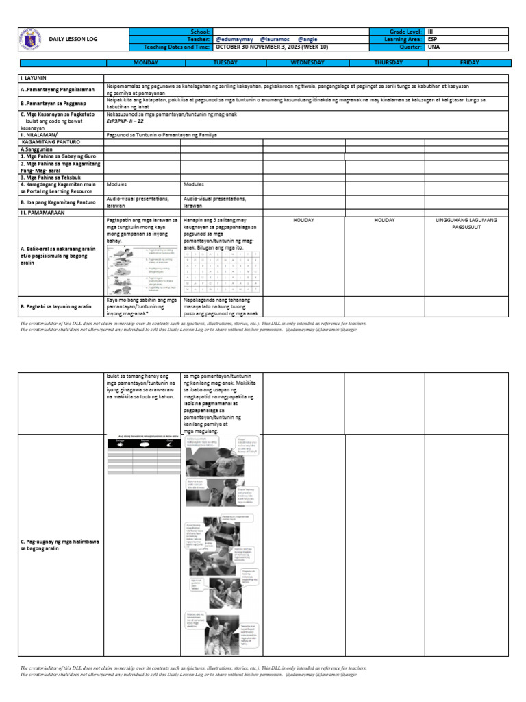 DLL - ESP 3 - Q1 - W10 - Pagsunod Sa Tuntunin o Pamantayan NG Pamilya ...
