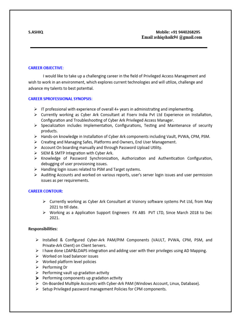 Ashik CyberArk CV | PDF | Microsoft Sql Server | Computer Engineering