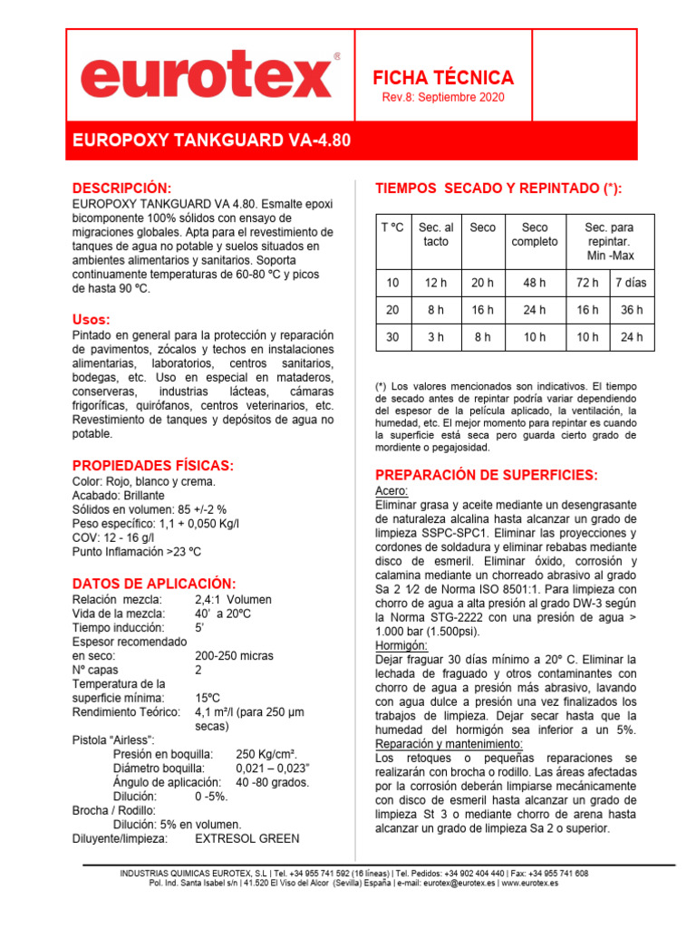 FT Europoxy Tankguard Va 4 80 Rev8 | PDF | Agua | Hormigón