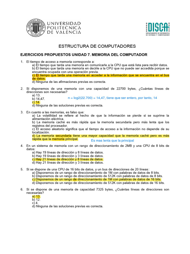 Ejercicios Propuestos Tema 7 La Memoria en El Computador | PDF | Almacenamiento de datos de la ...