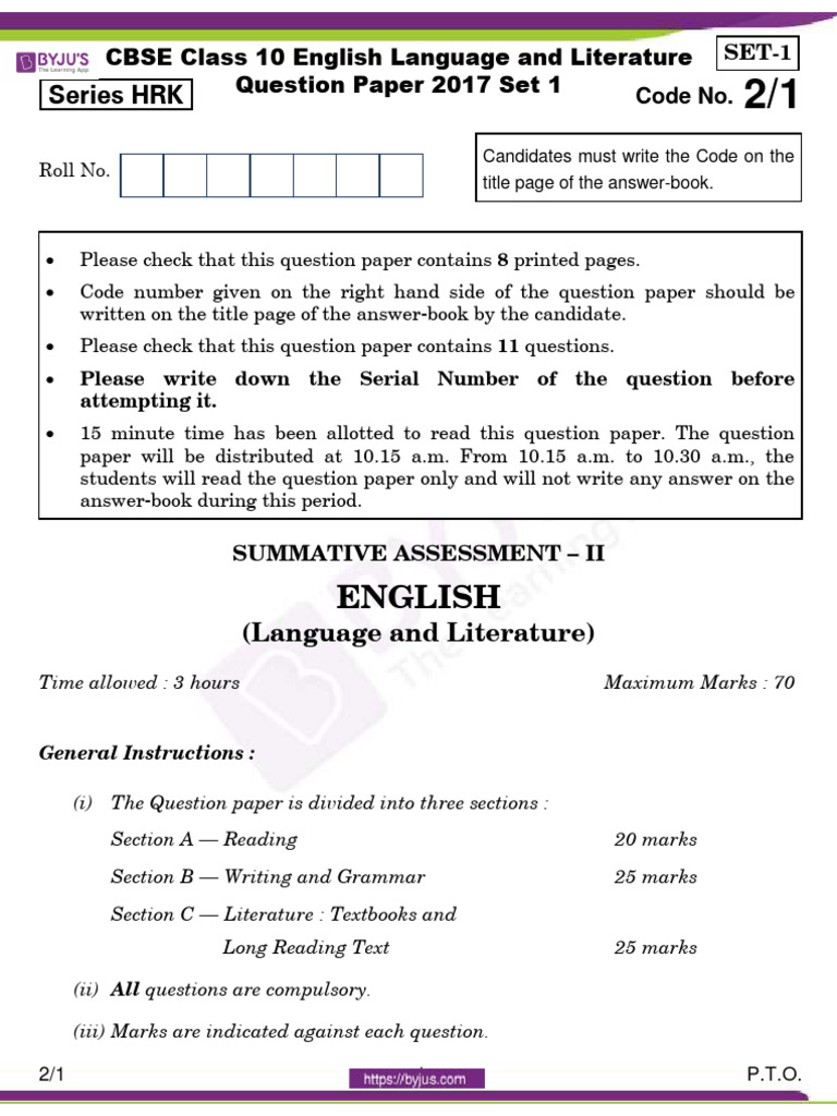 CBSE Class 10 English Language and Literature Previous Year Question ...