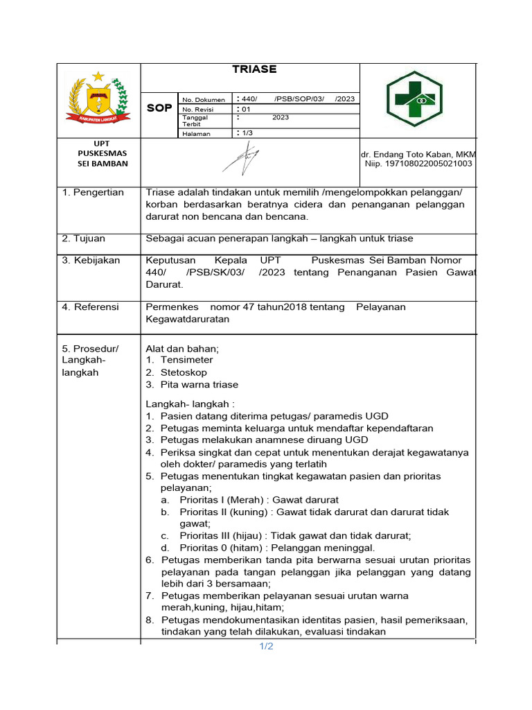 SOP Triase Puskesmas Sei Bamban | PDF