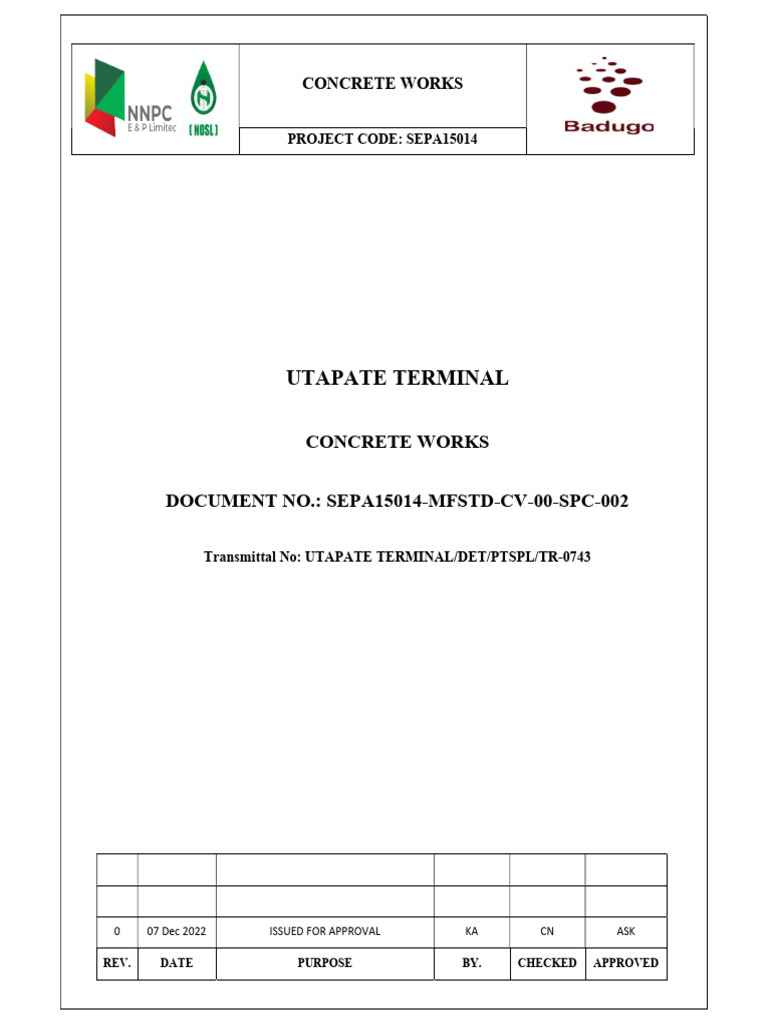 Sepa15014 MFSTD CV 00 SPC 002 Concrete Works Rev 0 | PDF | Concrete | Cement