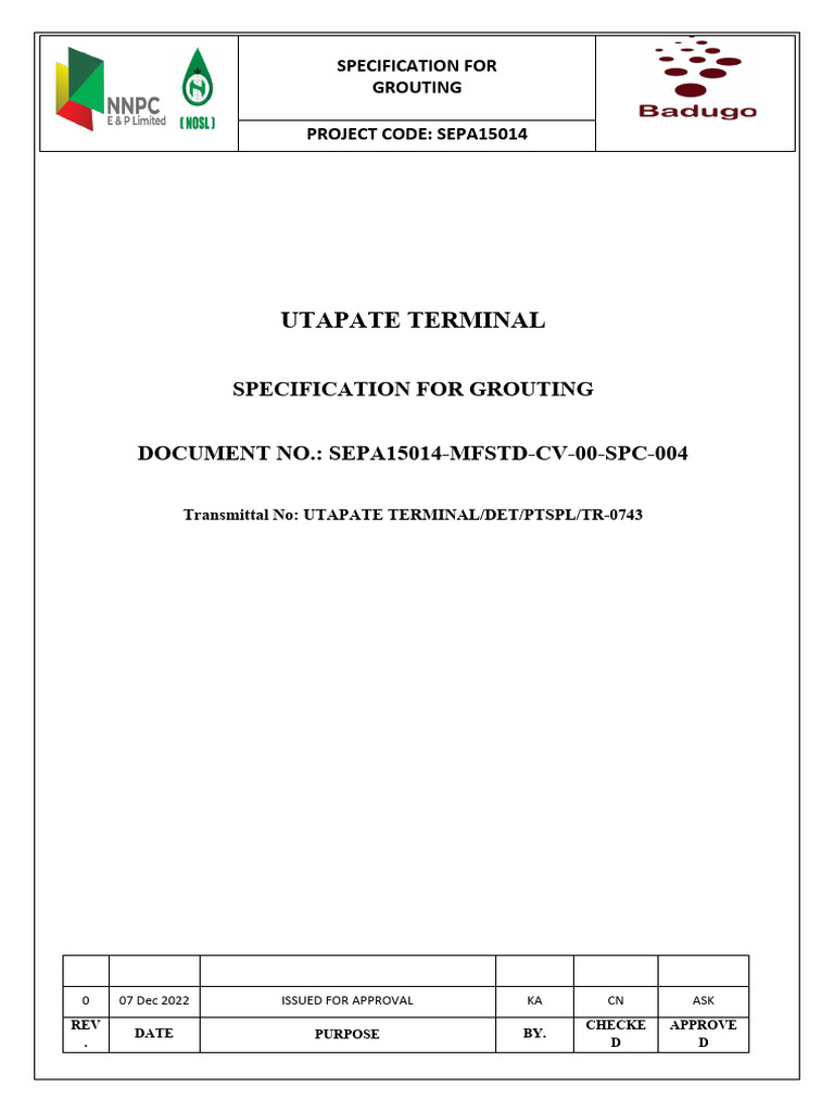 SEPA15014 MFSTD CV 00 SPC 004 - Specification For Grouting - Rev 0 ... SEPA15014 MFSTD CV 00 SPC 004 - Specification For Grouting - Rev 0 ...